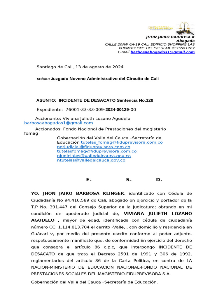 Desacato Fallo Accion Tutela | PDF