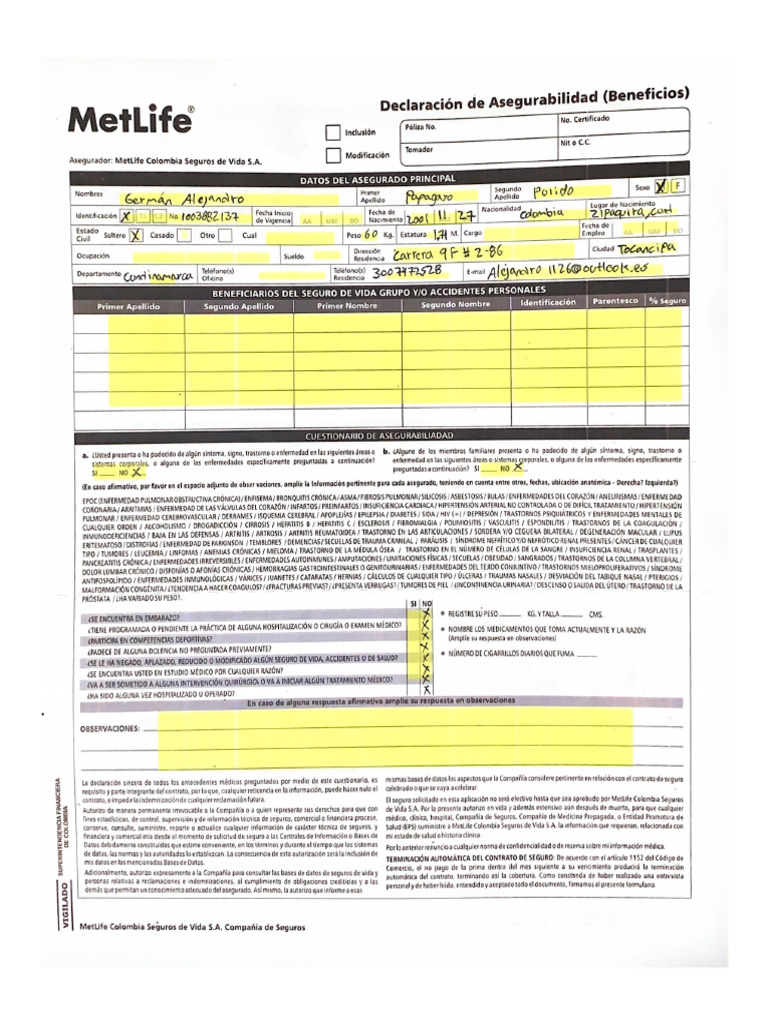 Metlife Declaracion 2 | PDF