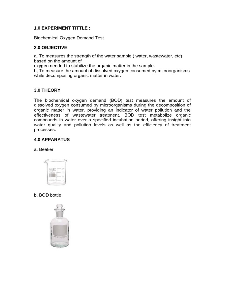 Biochemical Oxygen Demand Test: 1.0 Experiment Tittle | PDF