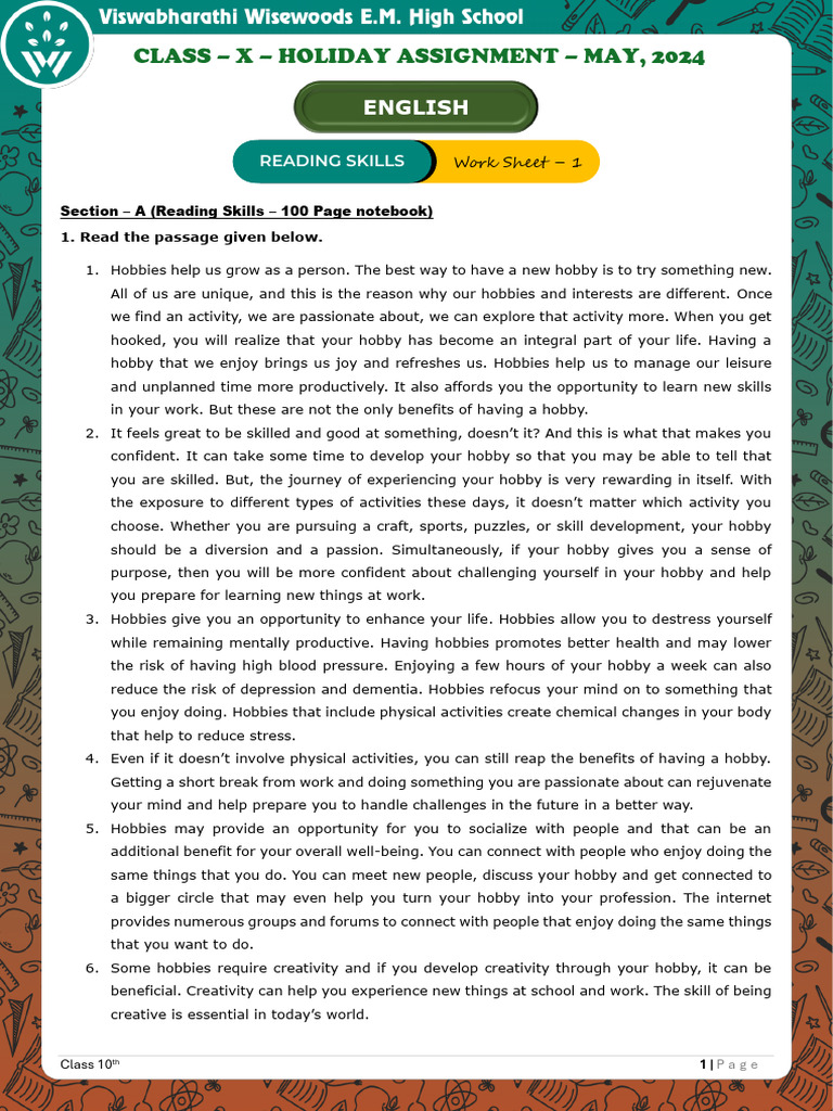 Class 10th Holiday Homework 2024 (1) | PDF