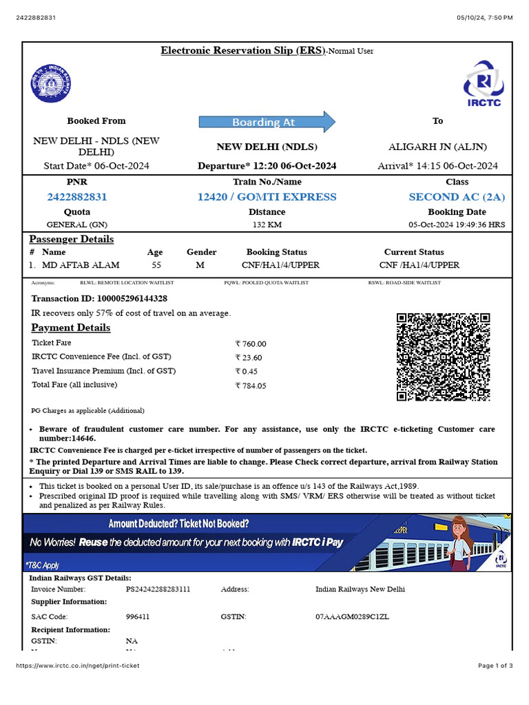 Gomti Express Second Ac (2A) : Electronic Reservation Slip (ERS) | PDF
