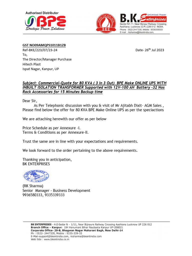 BPE 80 KVA Hitech Plast Nagar | PDF