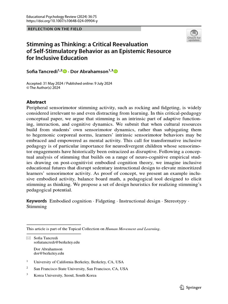 Stimming As Thinking: A Critical Reevaluation of Self Stimulatory ...