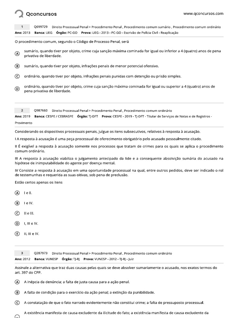 Do Procedimento Sumário e Ordinário - Simulado | PDF