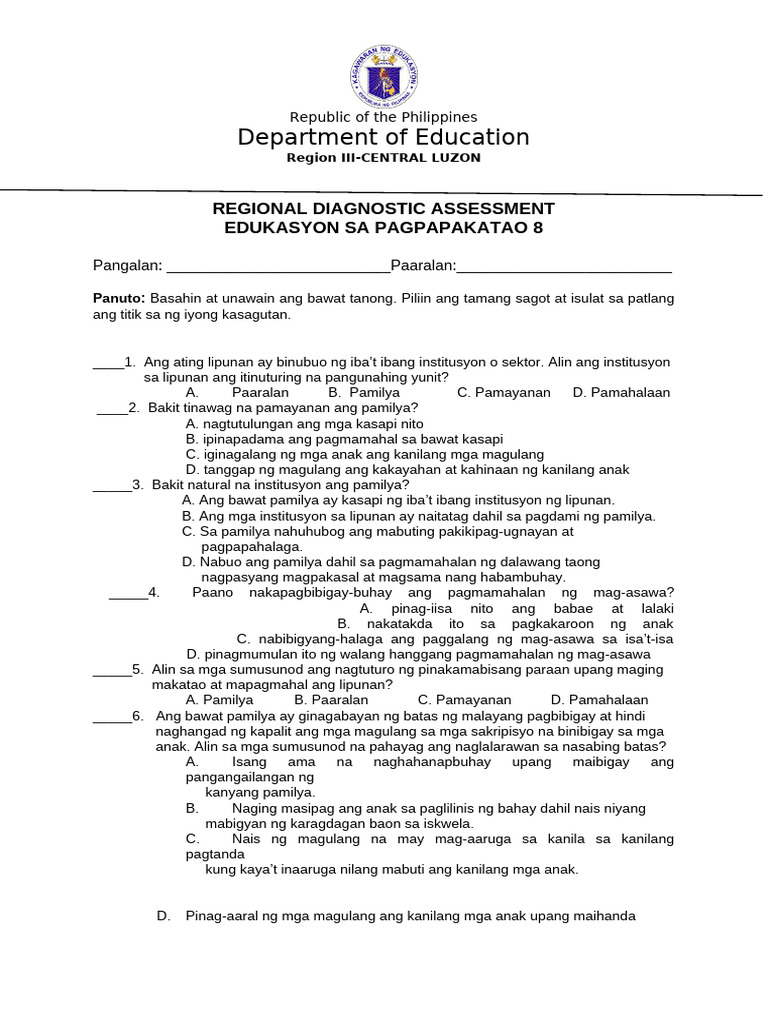 Diagnostic Assessment EsP Grade 8 | PDF