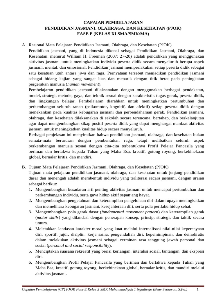 01 CP Pjok Kelas X Fase F SMK Muh NGD | PDF