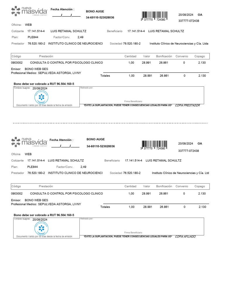 OA Fecha Atención: Bono Auge 34-60110-523028036: Timbre Isapre | PDF