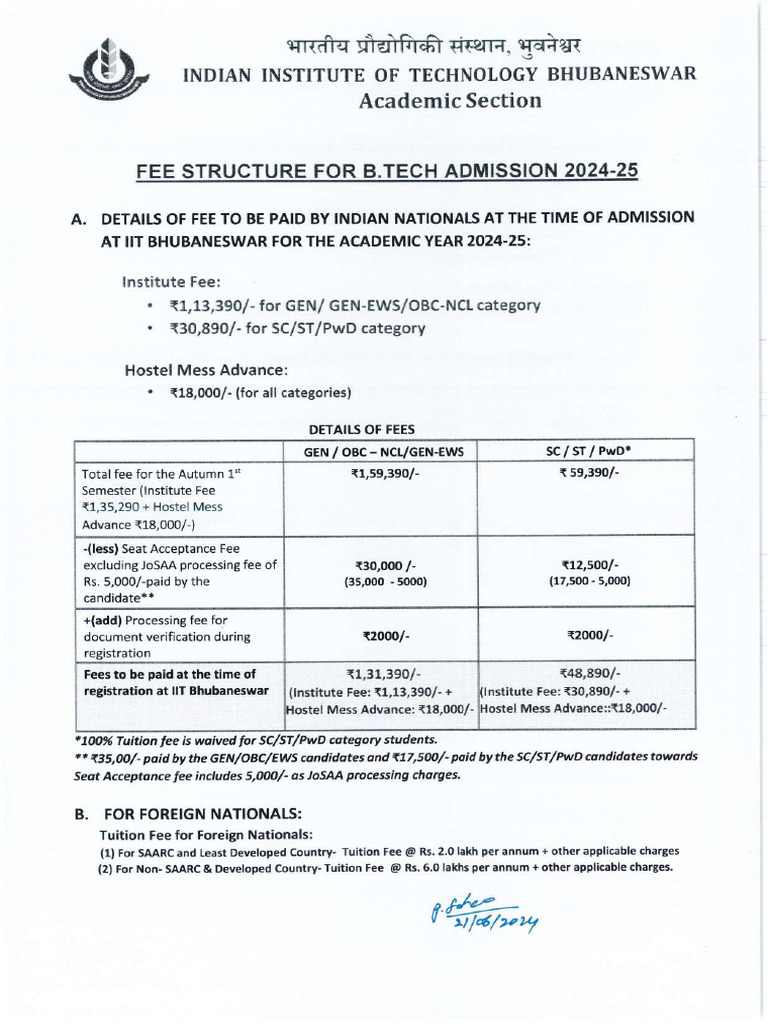 Fee Structure of B.Tech - Freshers 2024 25 | PDF