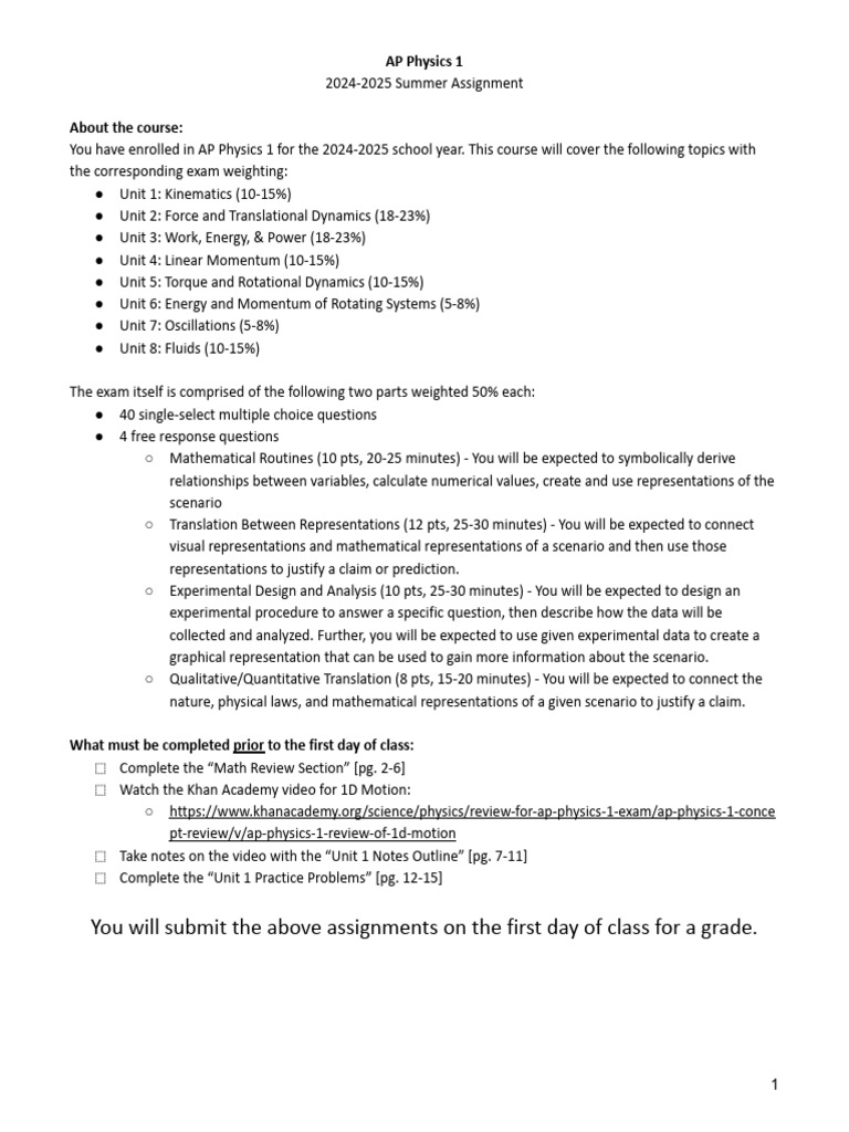 AP Physics 1 - Summer Assignment | PDF