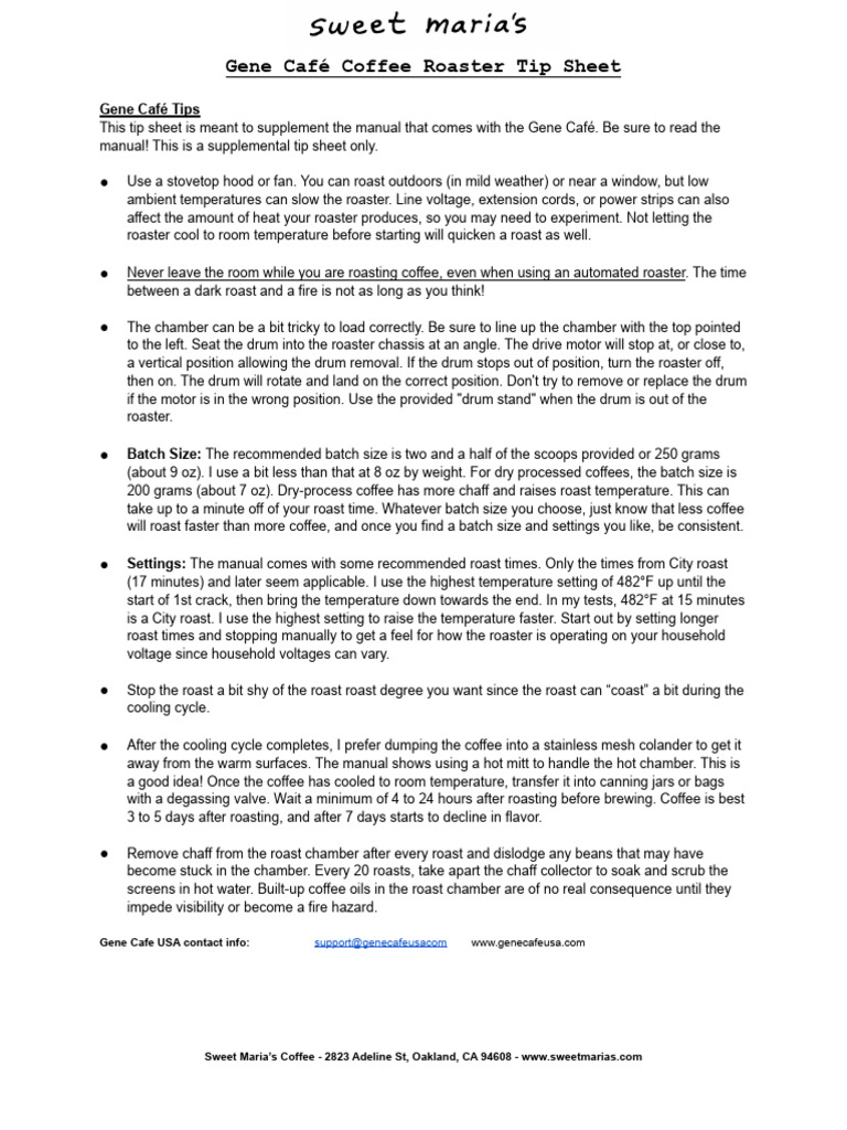Gene Cafe Coffee Roaster Tip Sheet | PDF