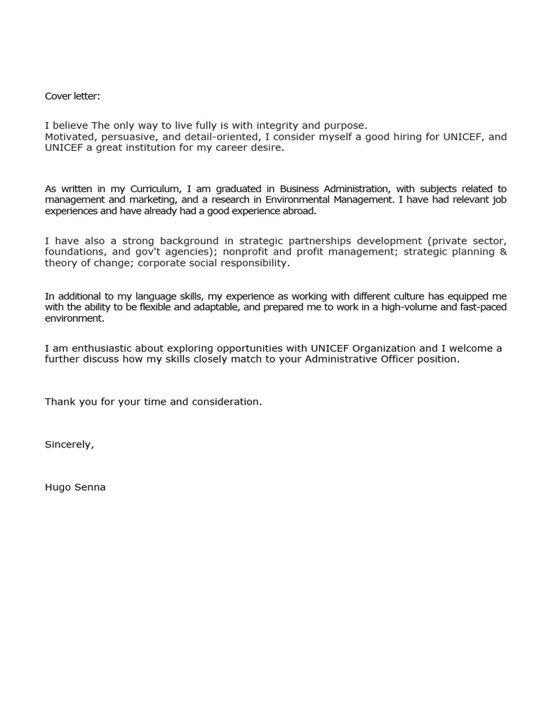 Coverletter UNICEF | PDF | Career & Growth | Business