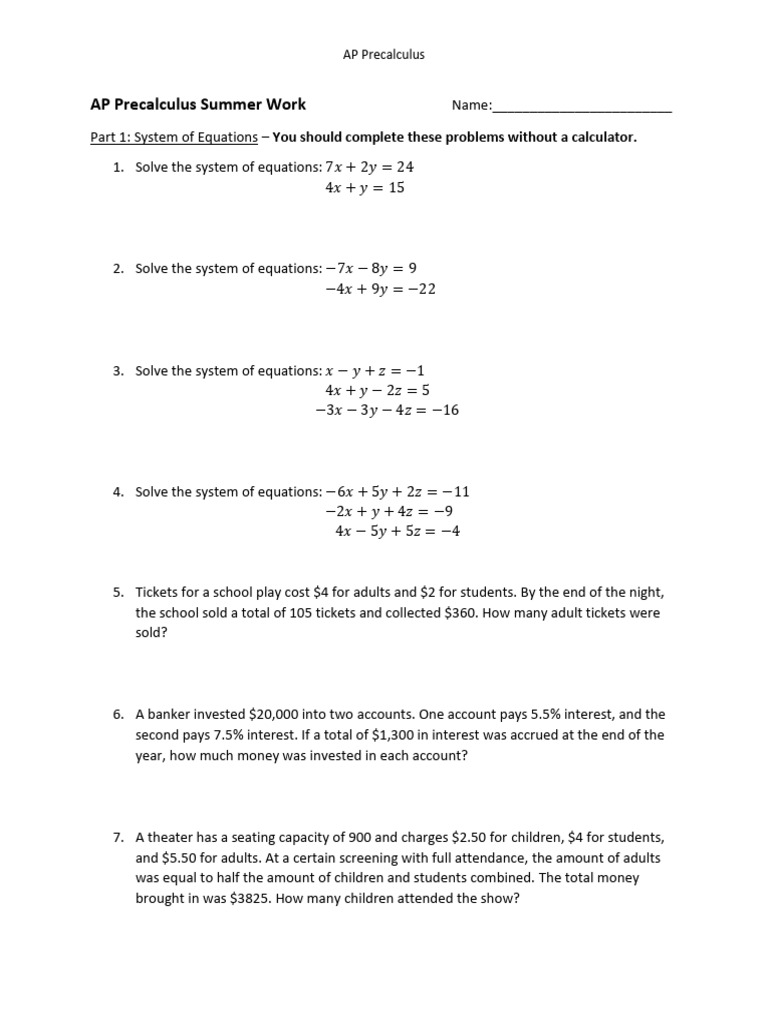 AP Precalculus Summer Work Problems | PDF