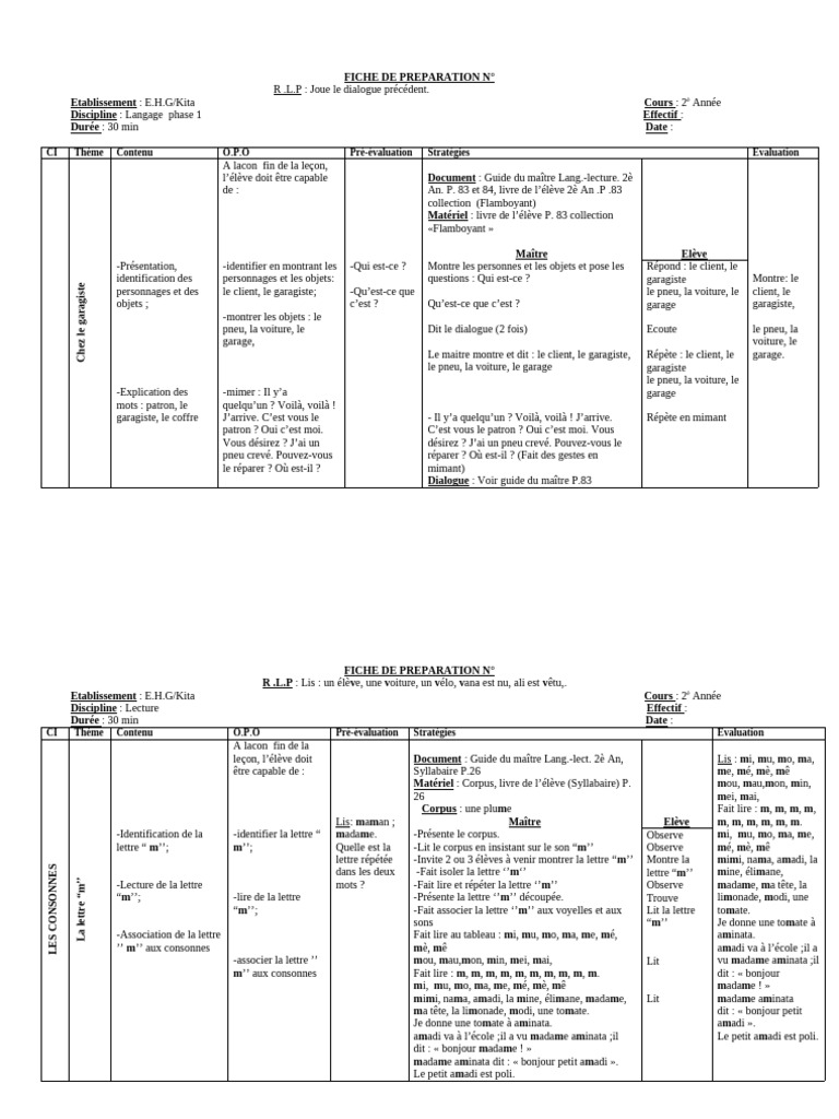 FICHE DE PREPARATION Semaine 15 | PDF