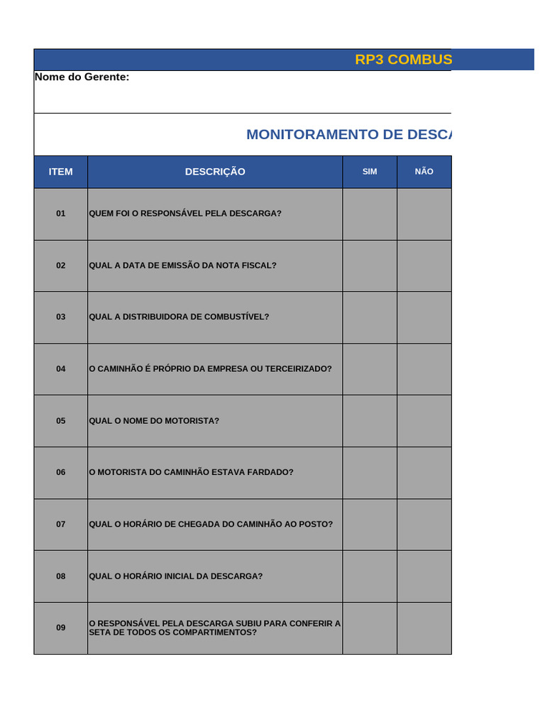 [MODELO] DESCARGA, NomeDoPosto, DATA_XX_XX - CHECKLIST INTELIGÊNCIA | PDF