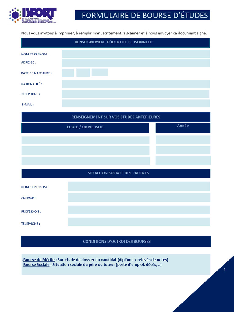 Formulaire de Demande de Bourse ISFORT MAROC 2024 | PDF
