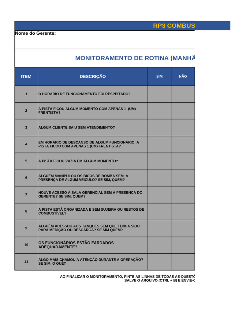 (MODELO) MONITORAMENTO DE ROTINA, NomeDoPosto, DATA - XX - XX - CHECKLIST INTELIGÊNCIA | PDF