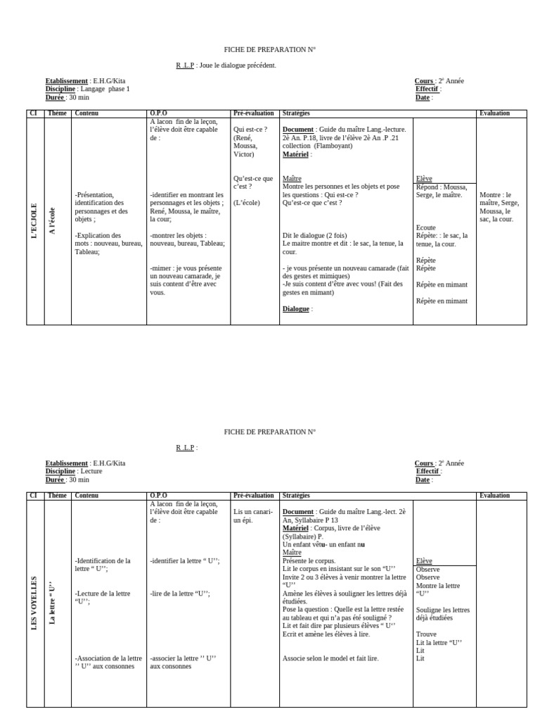 FICHE DE PREPARATION Semaine 2 | PDF
