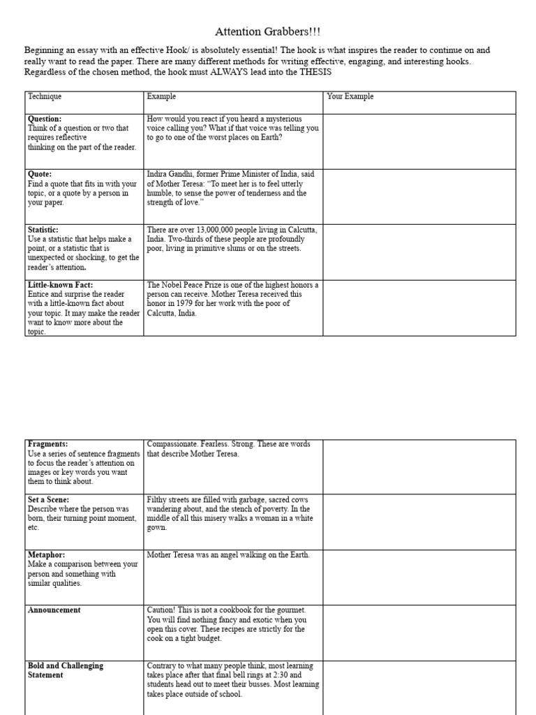 Attention Grabbers Worksheet | PDF