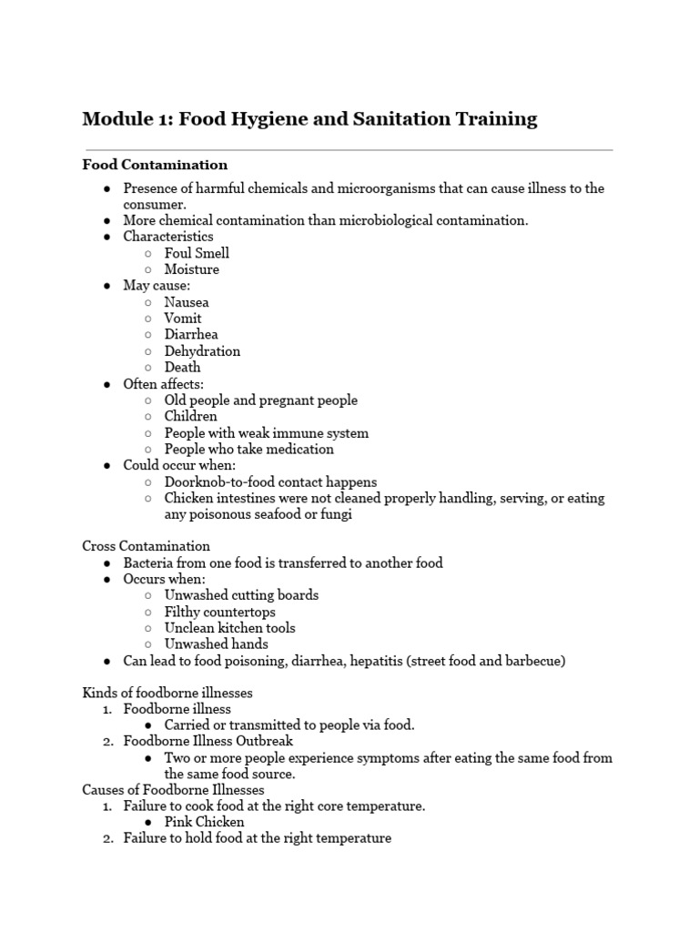 Module 1 - Food Hygiene and Sanitation TrainingFood Contamination | PDF