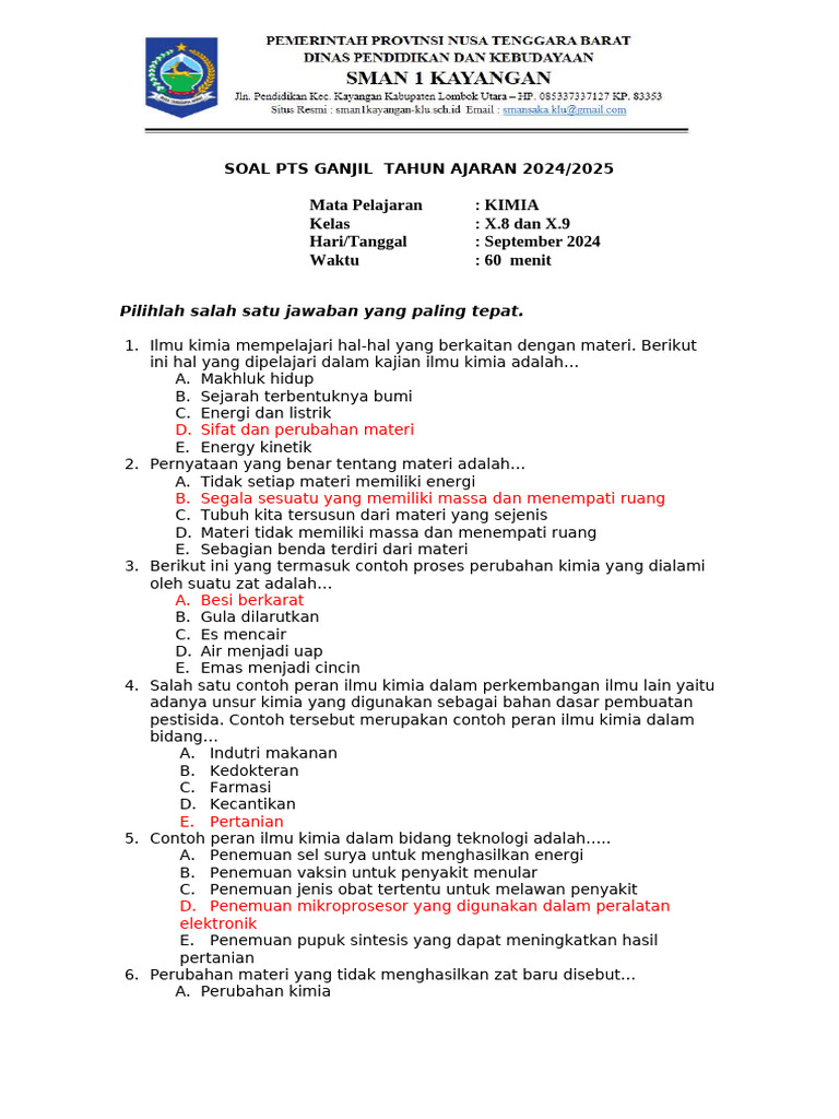 Soal Kimia X-PTS Ganjil 2425 | PDF
