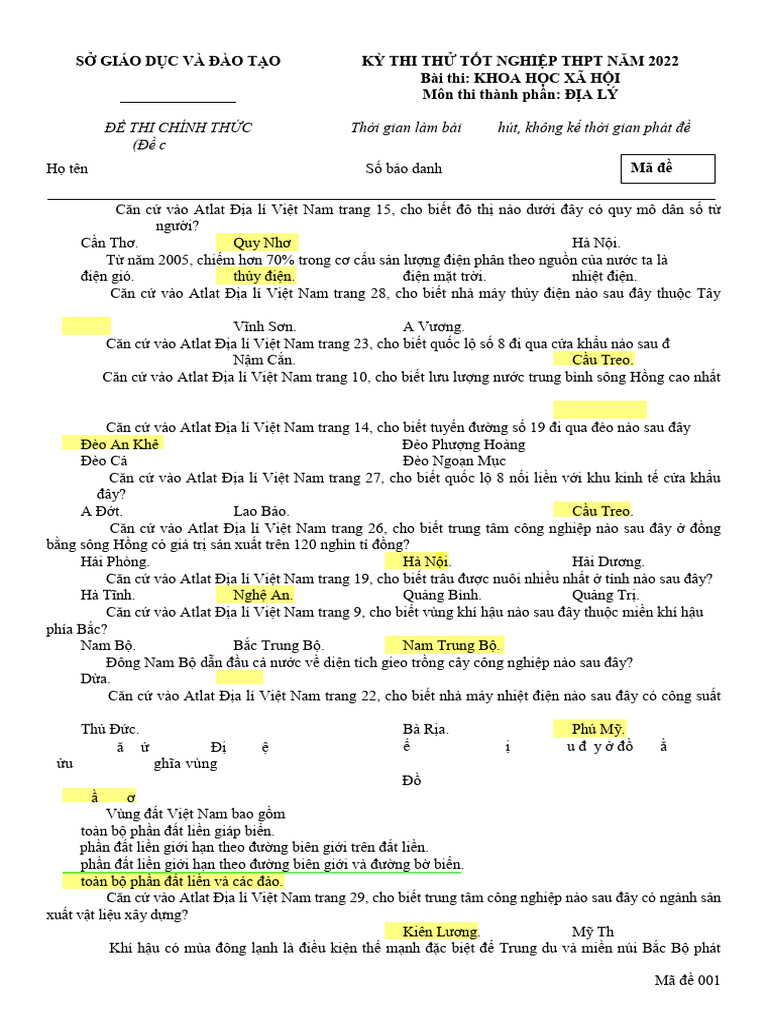 De Thi Thu Tot Nghiep THPT Nam 2022 Mon Dia Ly So GDDT Kien Giang | PDF