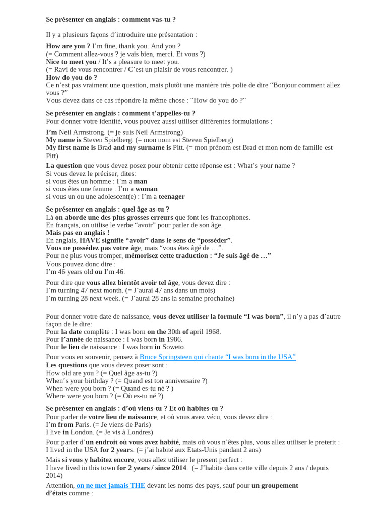 Se Présenter en Anglais | PDF