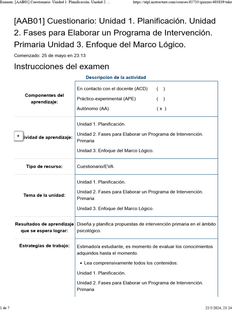 Examen (AAB01) Cuestionario Unidad 1. Planificación. Unidad 2. Fases ...