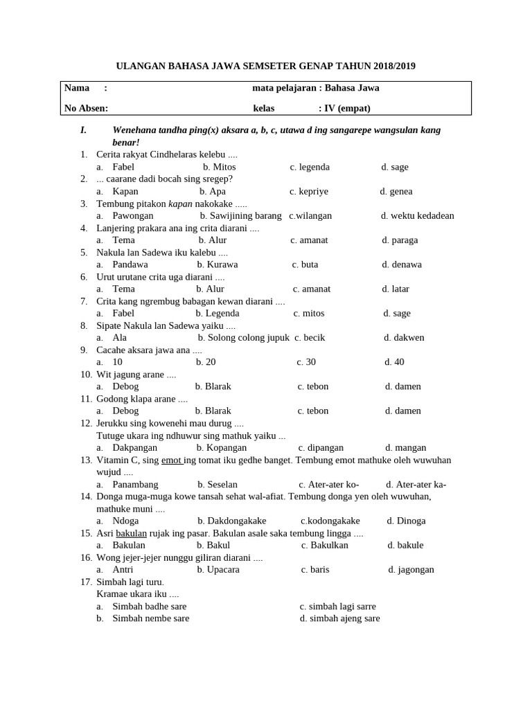 SOAL BAHASA JAWA Kelas IV | PDF