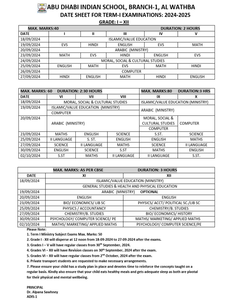 Date Sheet For Term 1 Examinations | PDF