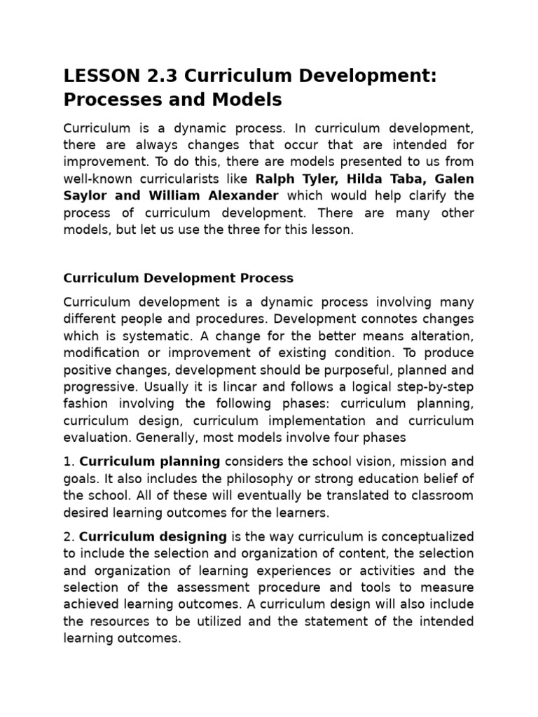Module 2 LESSON 2.3 Curriculum Development - Processes and Models | PDF