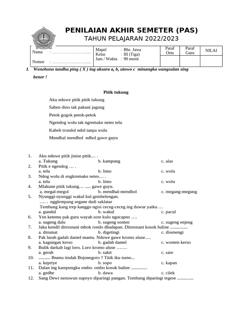 Pas Bahasa Jawa KLS 3 2022 | PDF