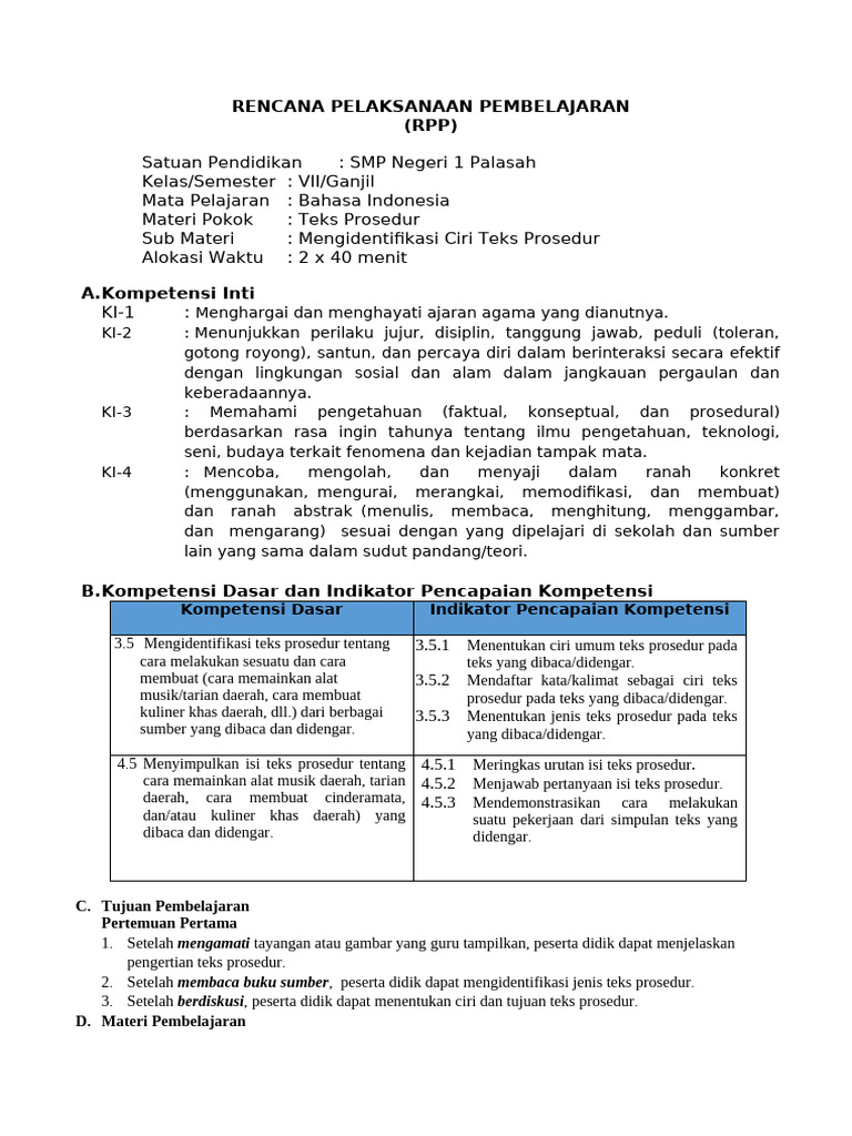 RPP TEKS PROSEDUR SMP Kurtilas | PDF
