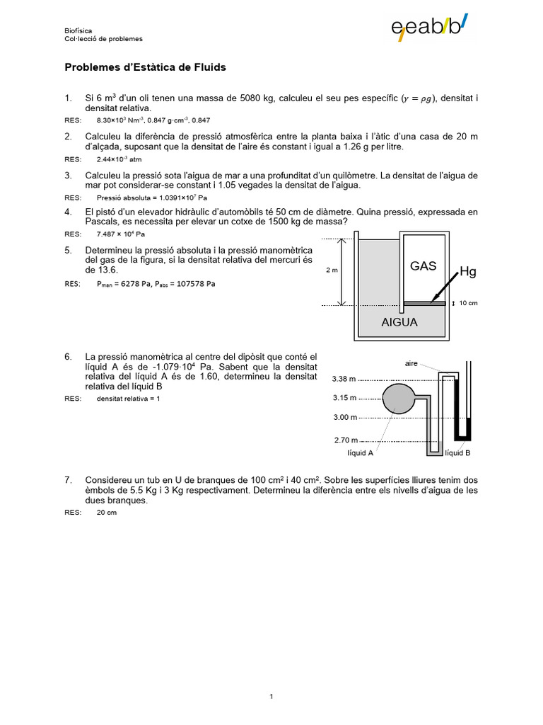 Problemes Estàtica de Fluids | PDF