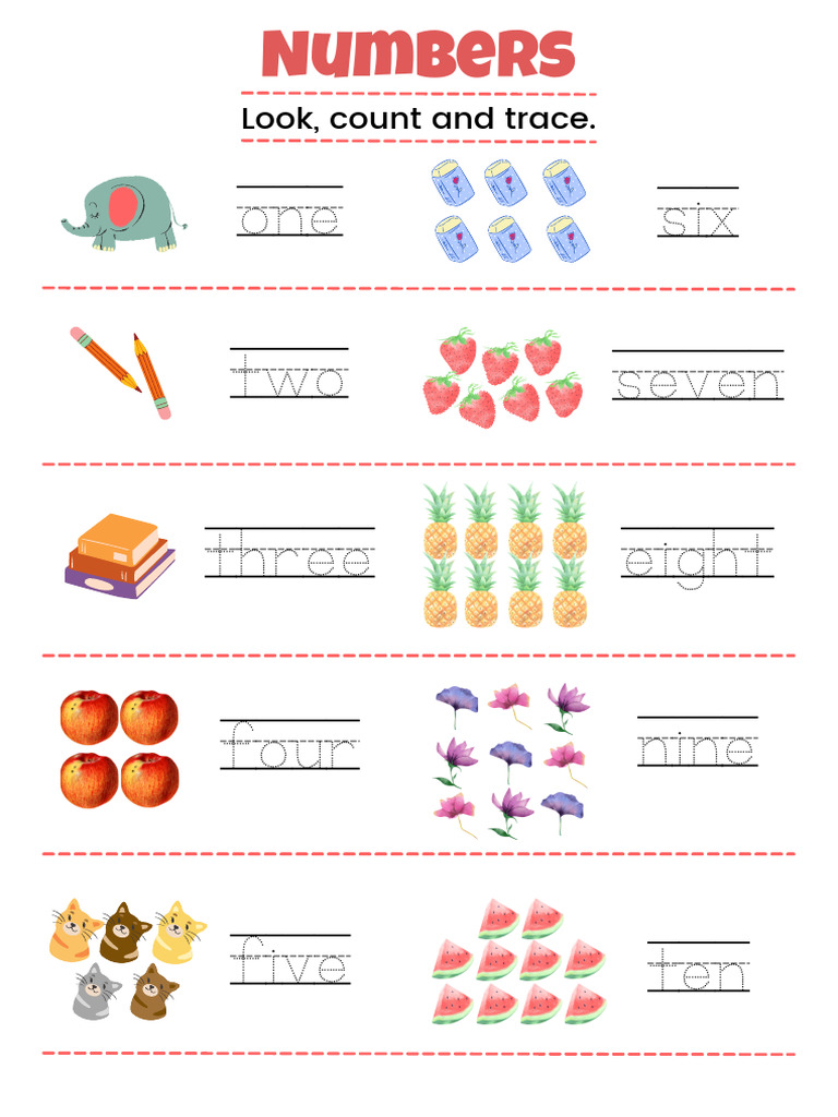 Illustrative Handwriting Numbers 1 to 10 English Worksheet | PDF