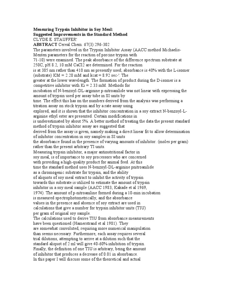 Measuring Trypsin Inhibitor in Soy Meal | PDF | Enzyme Inhibitor ...
