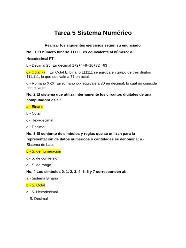Tarea 5 Operaciones Sistema Numérico (2) | PDF