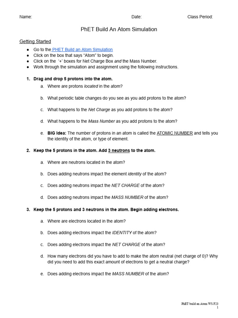 2c. PhET Build An Atom WS F23 | PDF