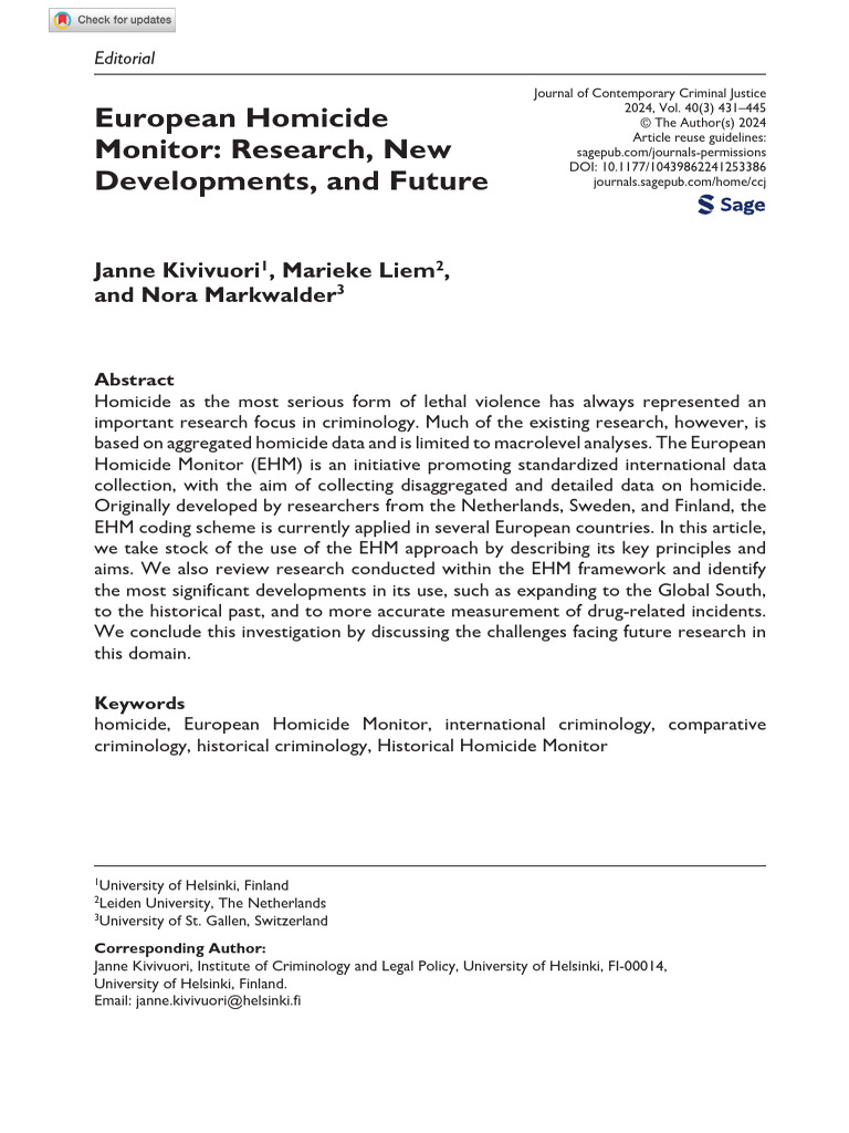 European Homicide Monitor Research New Developments and FutureJournal ...