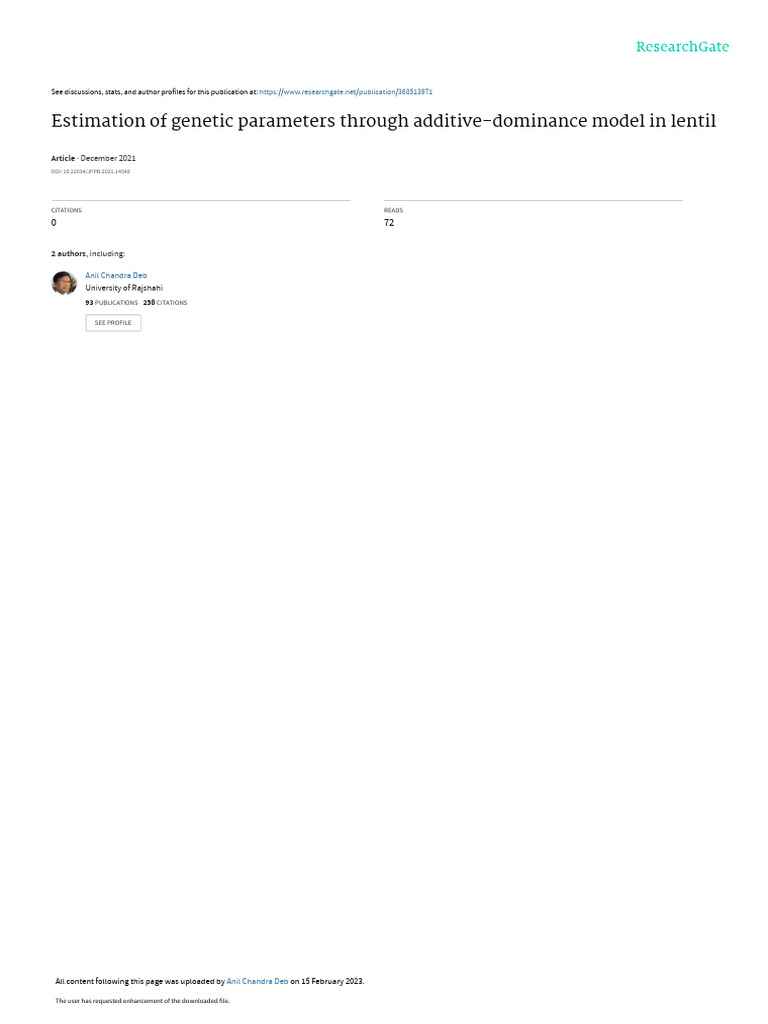 Estimation of Genetic Parameters Through Additive-Dominance Model in Lentil | PDF