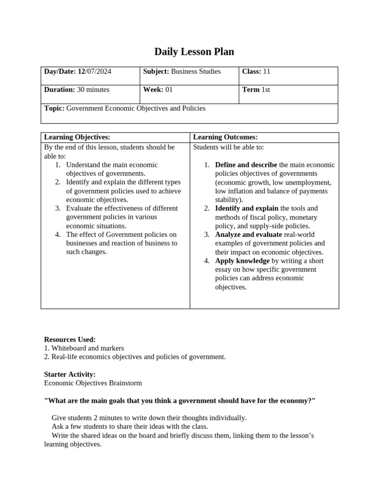 Lesson Plan Business Studies | PDF