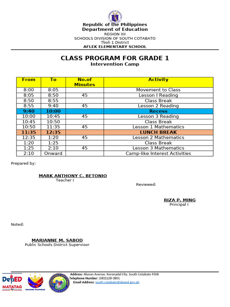 CLASS-PROGRAM-FOR-GRADE-1-NLC | PDF