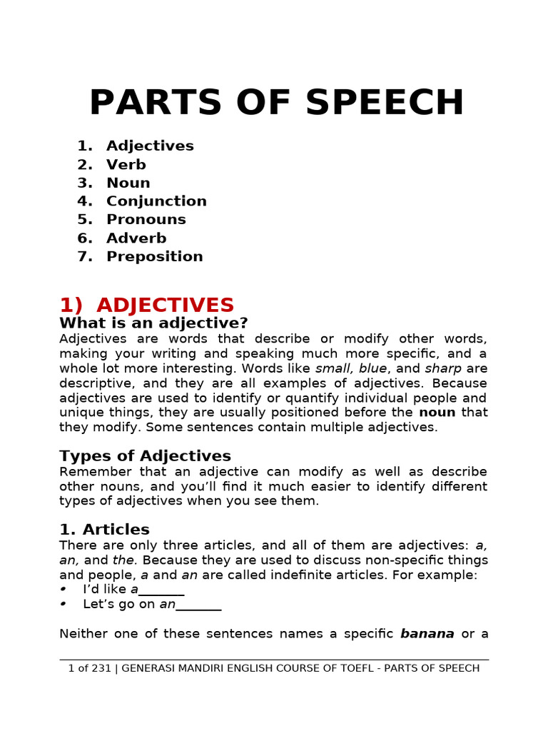 Parts of Speech For Basic Levels | PDF