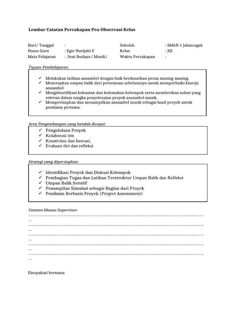 Lampiran 4 - Lembar Catatan Percakapan Pra-Observasi Kelas Egie NS | PDF