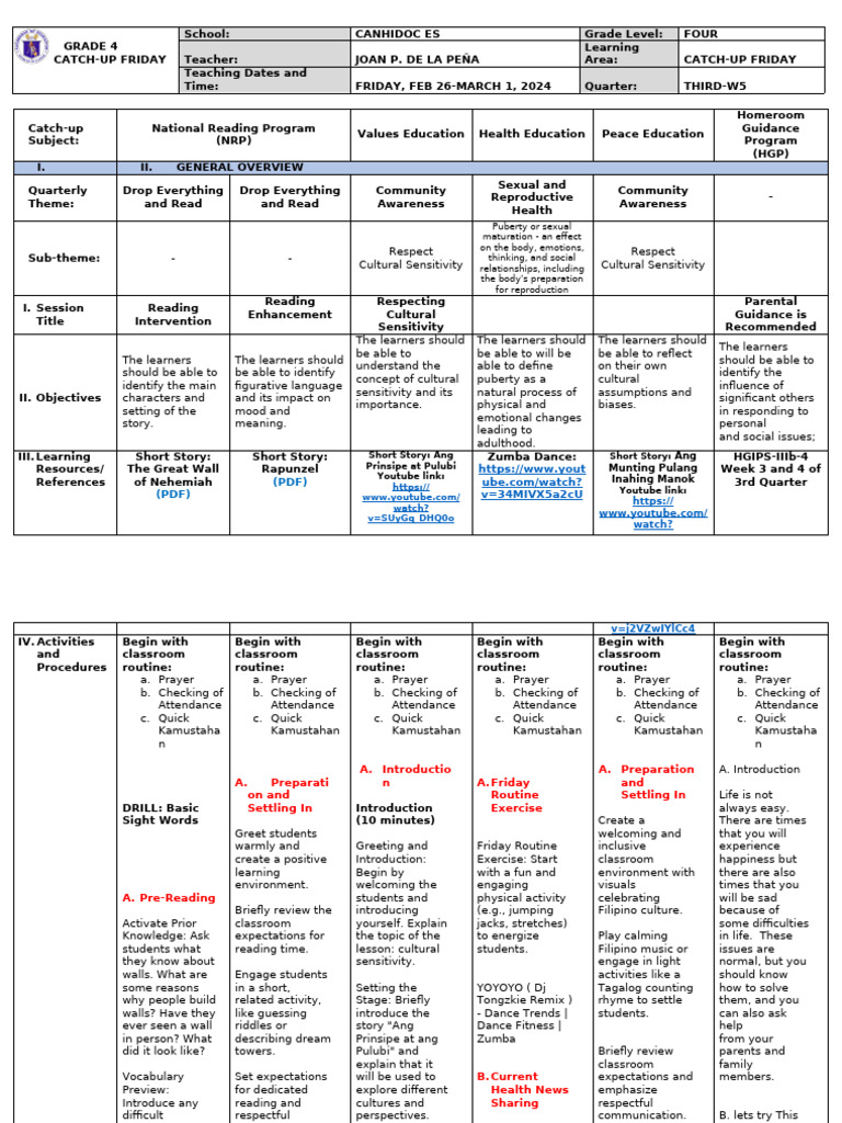 Week 4-Dll-Catch-Up-Friday-Grade-4 | PDF | Learning | Cognition
