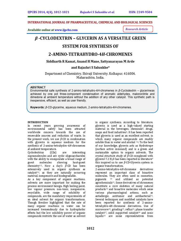 Cyclodextrin Glycerin As A Versatile Green System For Synthesis Of 2aminotetrahydro4hchromenes Pdf