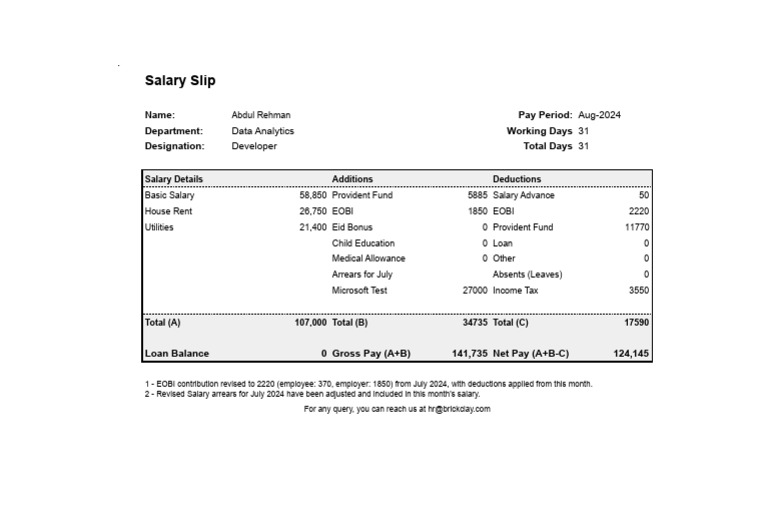 Salary Slips - August 2024 - Abdul Rehman | PDF