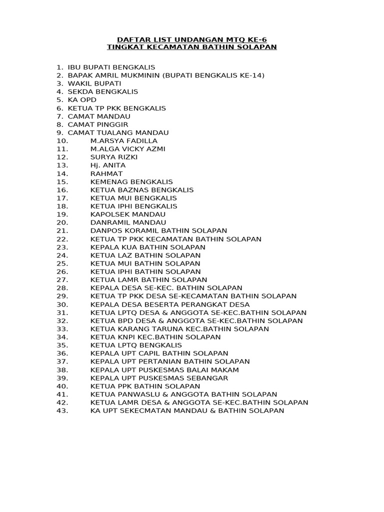 Daftar List Undangan MTQ Ke-Vi | PDF