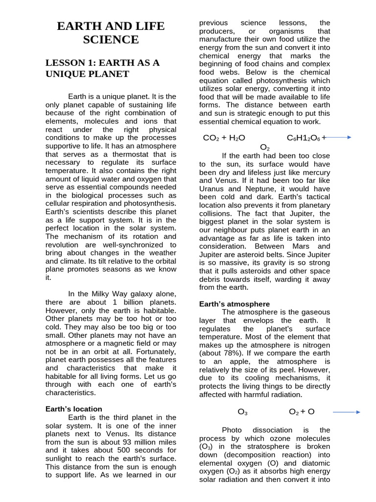 Earth and Life Science: Lesson 1: Earth As A Unique Planet | PDF
