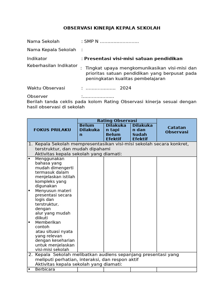 INSTRUMEN LEMBAR OBSERVASI KEPALA SEKOLAH PADA PMM-revisi | PDF
