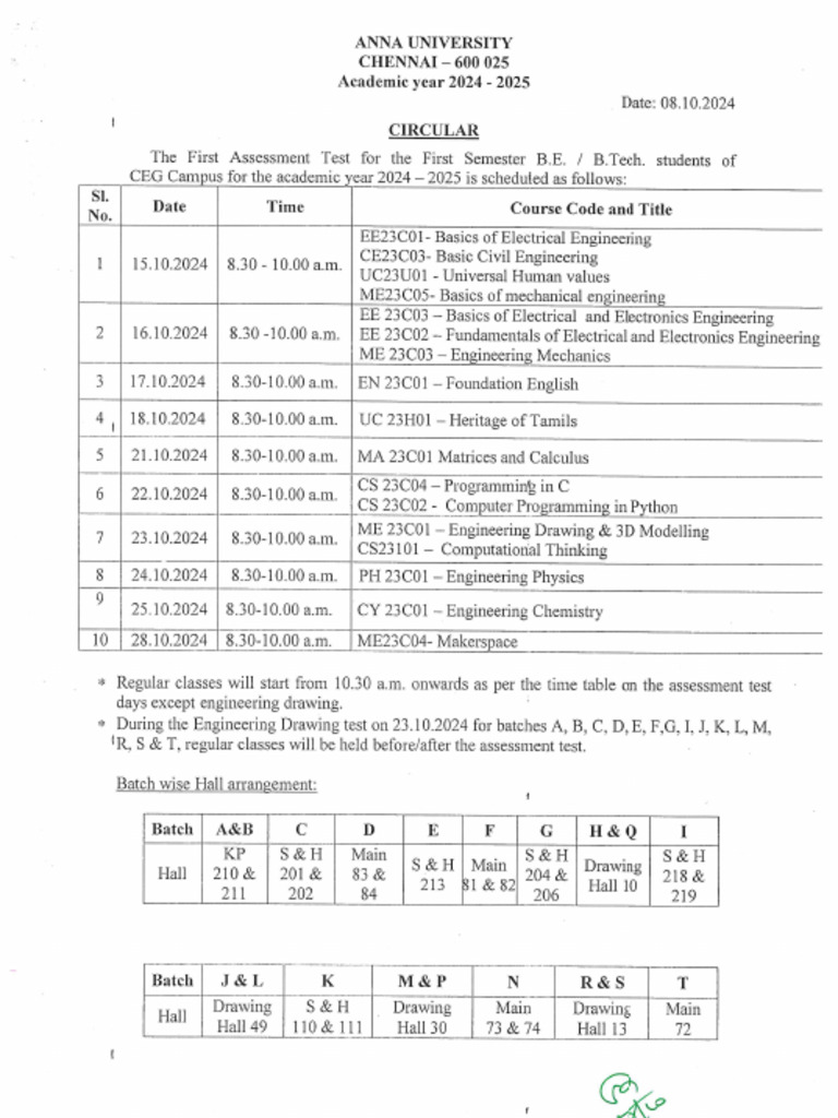 UG - First Year I Assesment Shedule 2024-25 | PDF